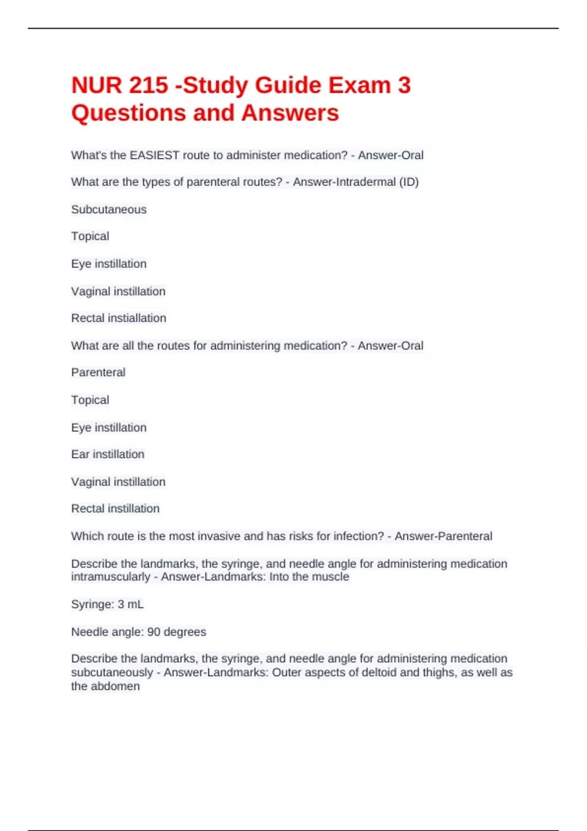 NUR 215 -Study Guide Exam 3 Questions and Answers - NUR215 - Stuvia US