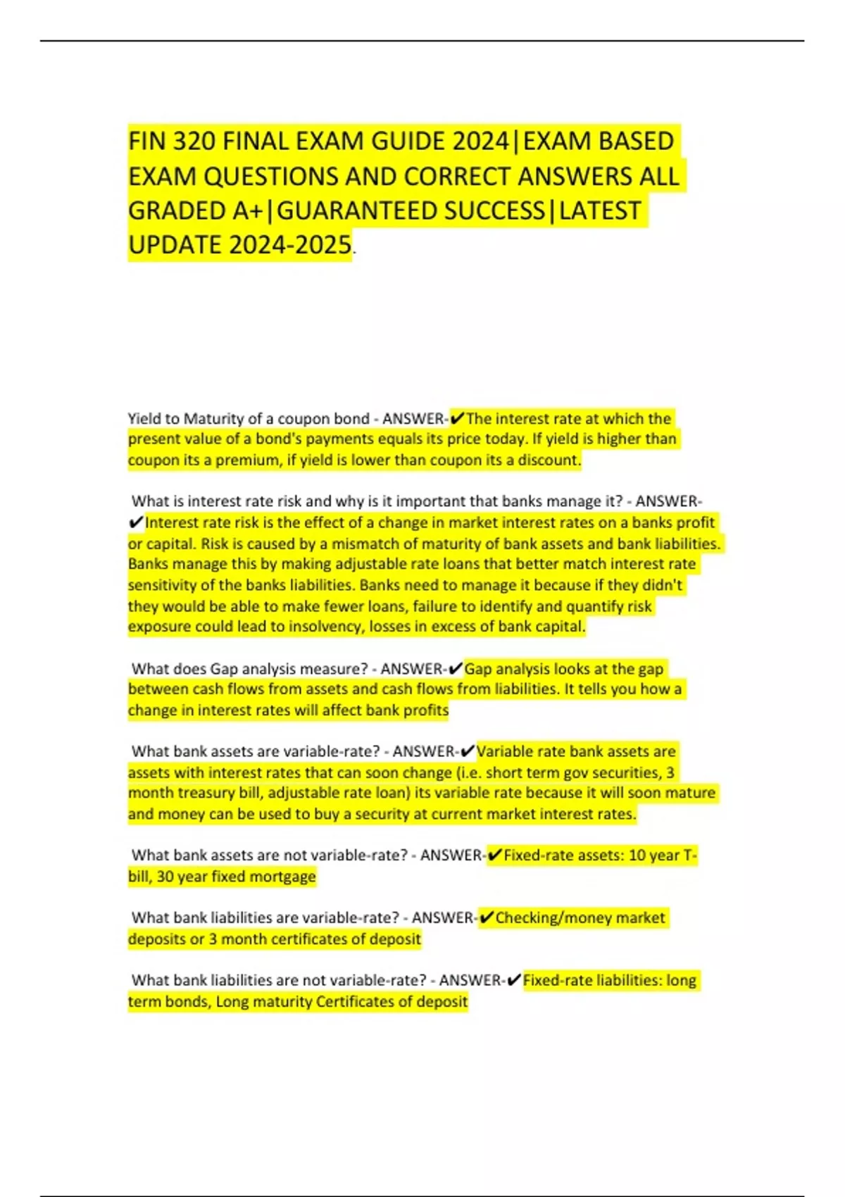 FIN 320 FINAL EXAM GUIDE 2024|EXAM BASED EXAM QUESTIONS AND CORRECT ANSWERS ALL GRADED A+ ...