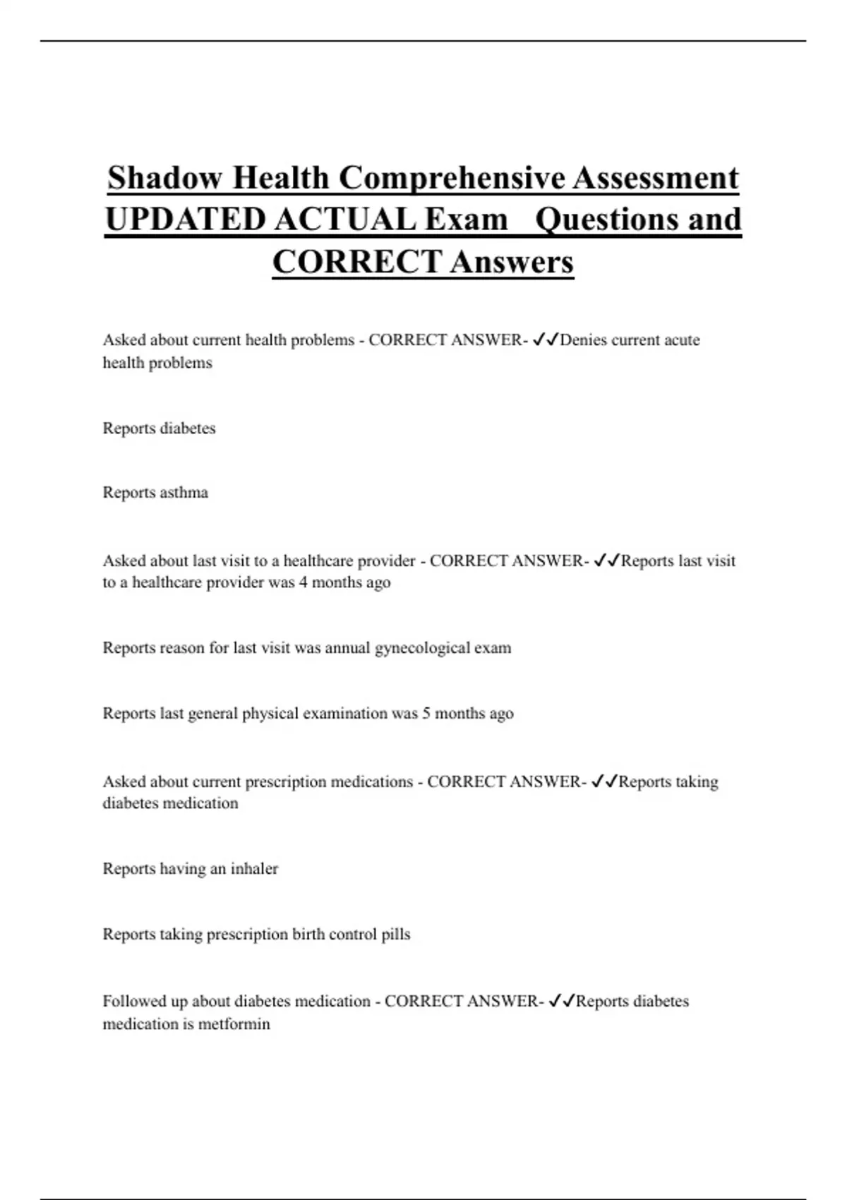 Shadow Health Comprehensive Assessment UPDATED ACTUAL Exam Questions ...