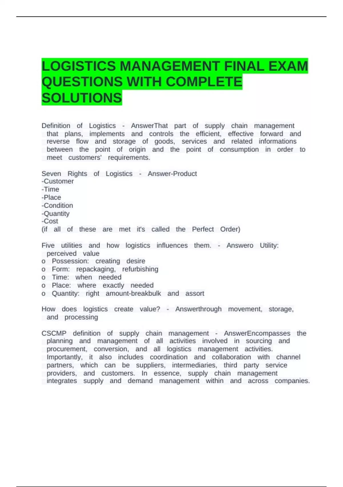 LOGISTICS MANAGEMENT FINAL EXAM QUESTIONS WITH COMPLETE SOLUTIONS ...