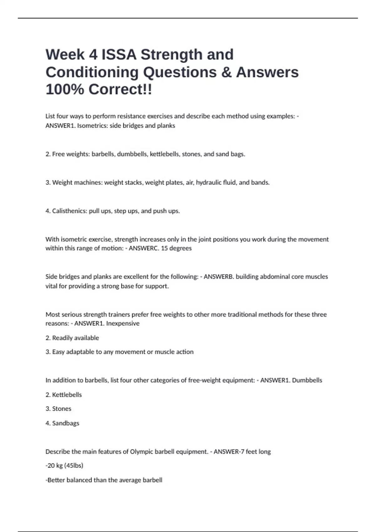 Week 4 ISSA Strength and Conditioning Questions & Answers 100% Correct ...