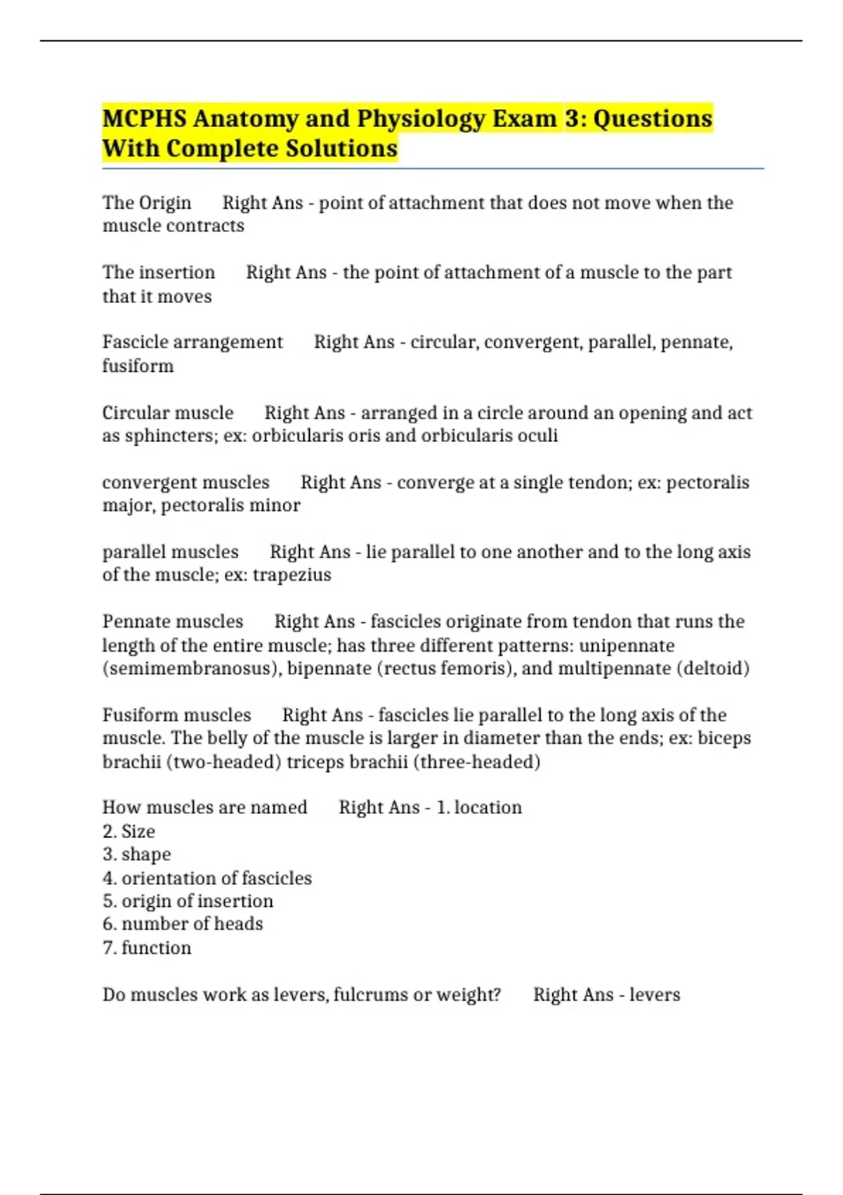 MCPHS Anatomy and Physiology Exam 3: Questions With Complete Solutions - MCPHS - Stuvia US