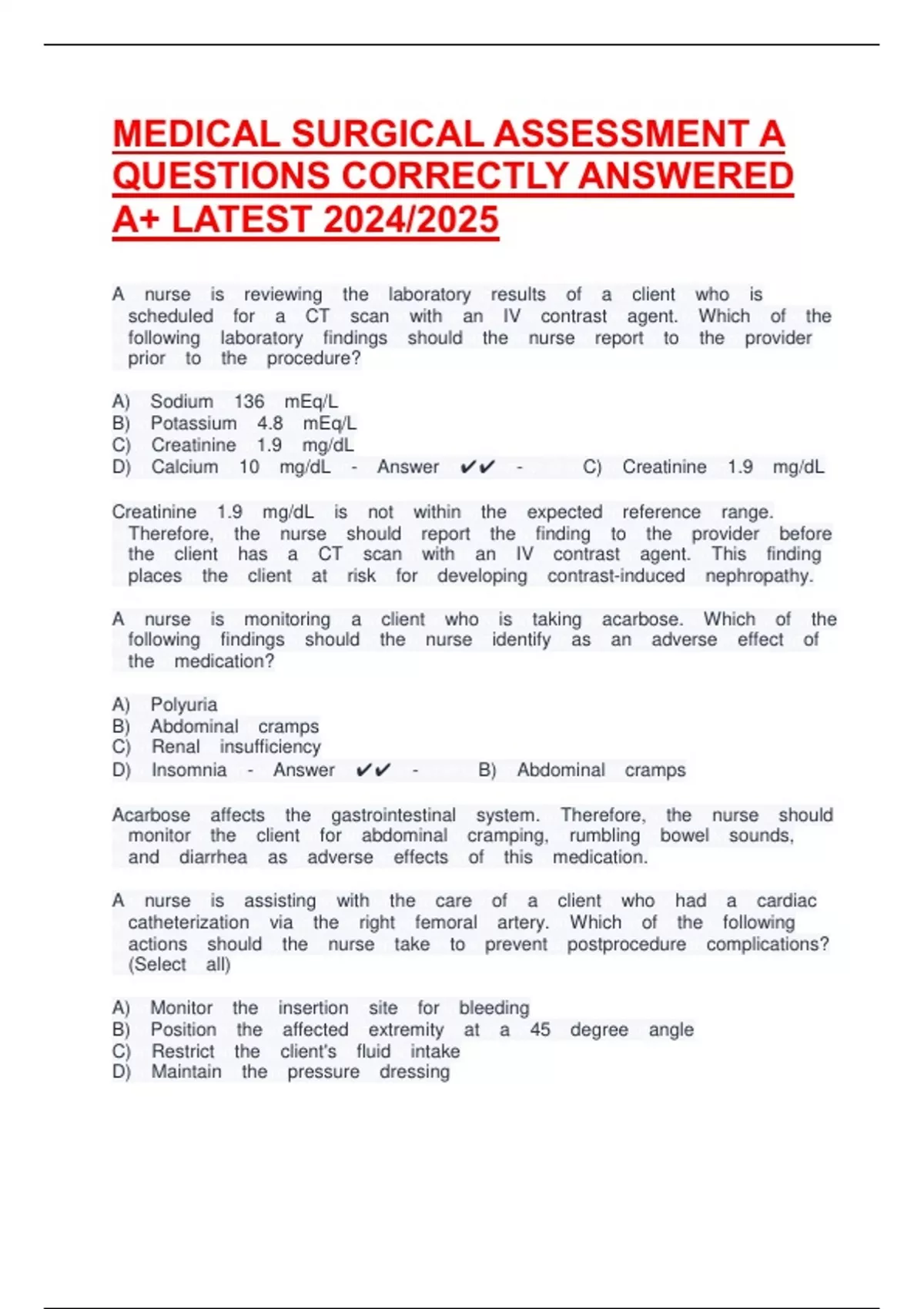 MEDICAL SURGICAL ASSESSMENT A QUESTIONS CORRECTLY ANSWERED A+ LATEST ...