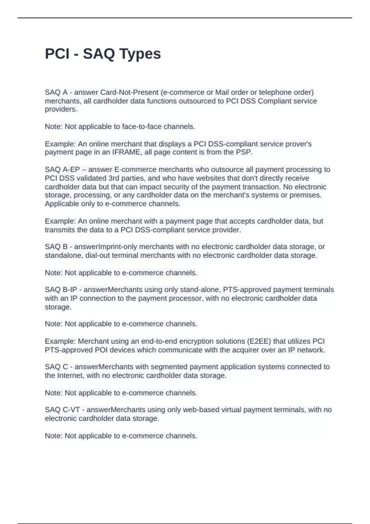 PCI - SAQ Types Questions with correct Answers - Pci - Stuvia US