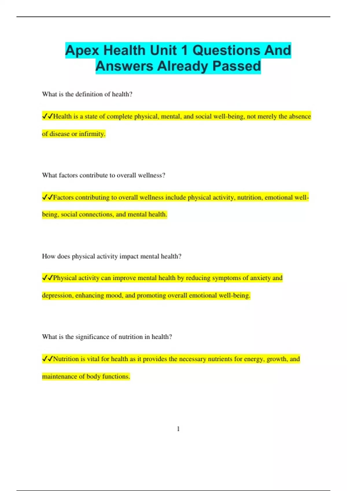 Apex Health Unit 1 Questions And Answers Already Passed - Apex Health ...