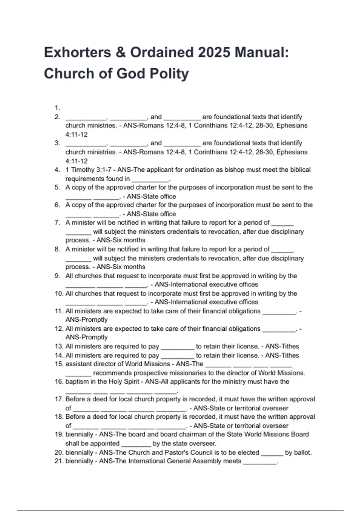 Exhorters & Ordained 2025 Manual: Church of God Polity Questions With ...