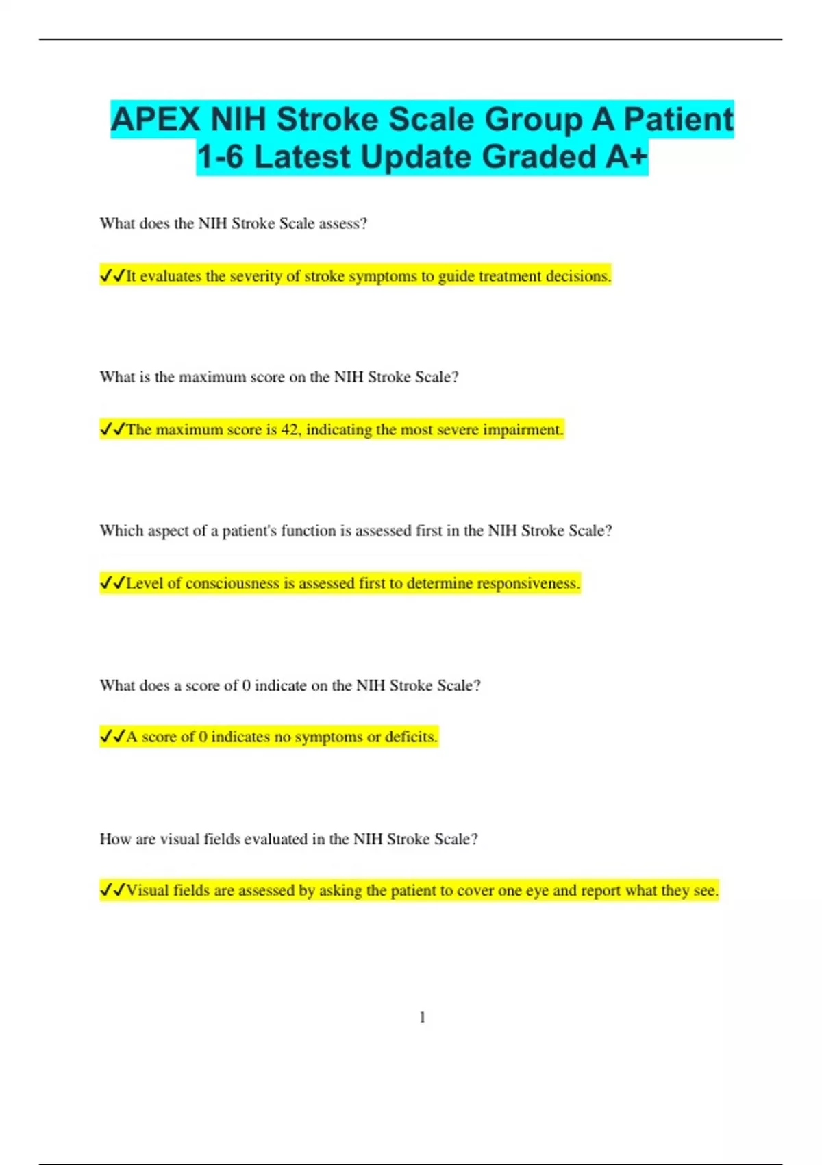 APEX NIH Stroke Scale Group A Patient 1-6 Latest Update Graded A+ ...