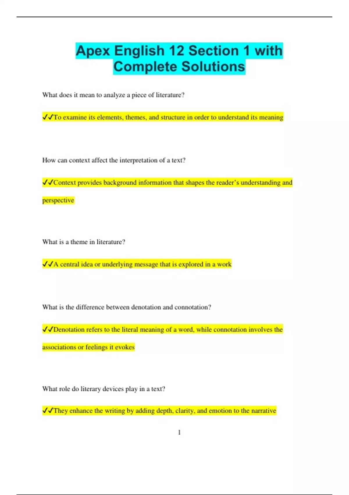 Apex English 12 Section 1 with Complete Solutions - Apex English 12 Section 1 - Stuvia US