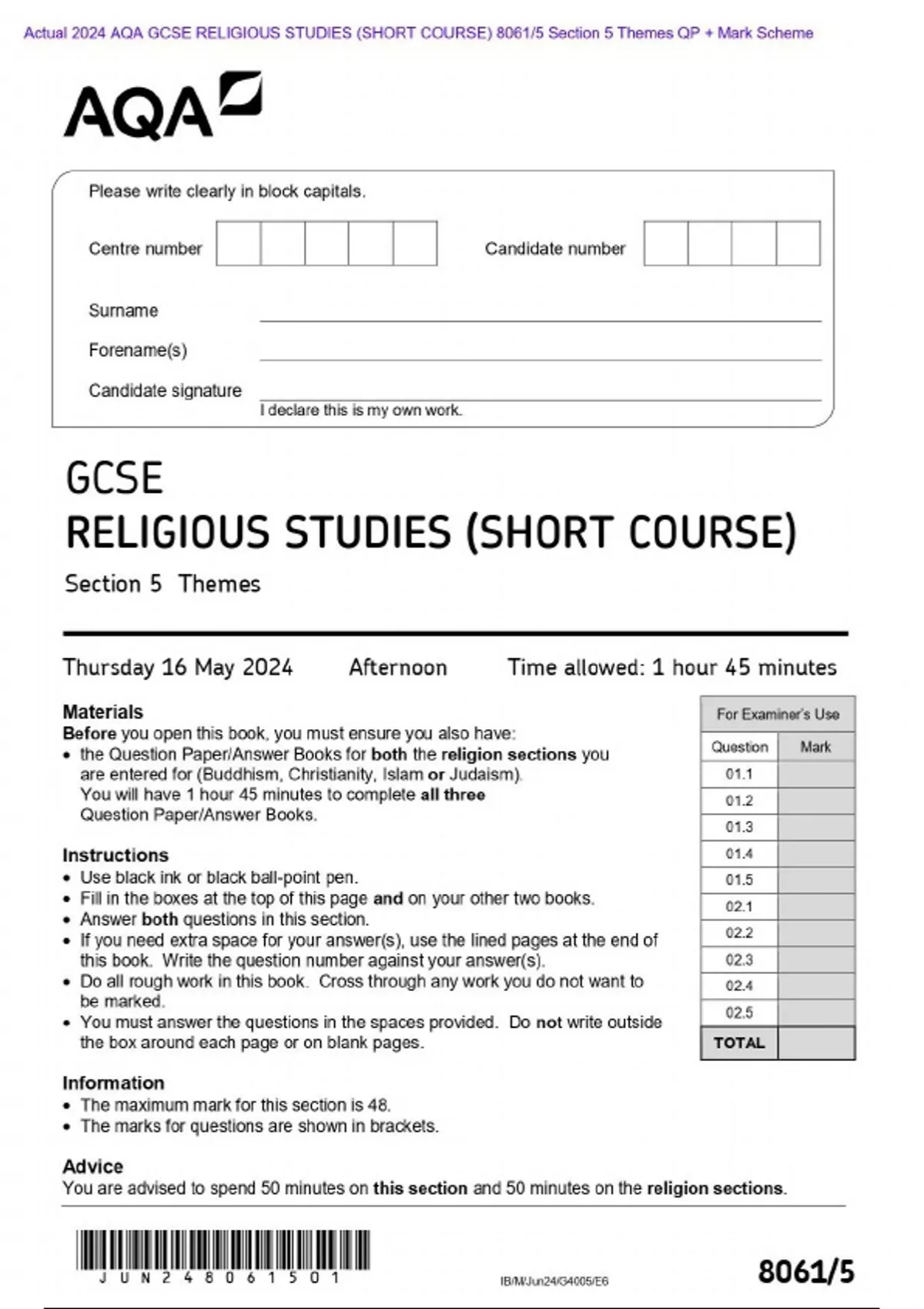 Actual 2024 AQA GCSE RELIGIOUS STUDIES (SHORT COURSE) 8061/5 Section 5 ...