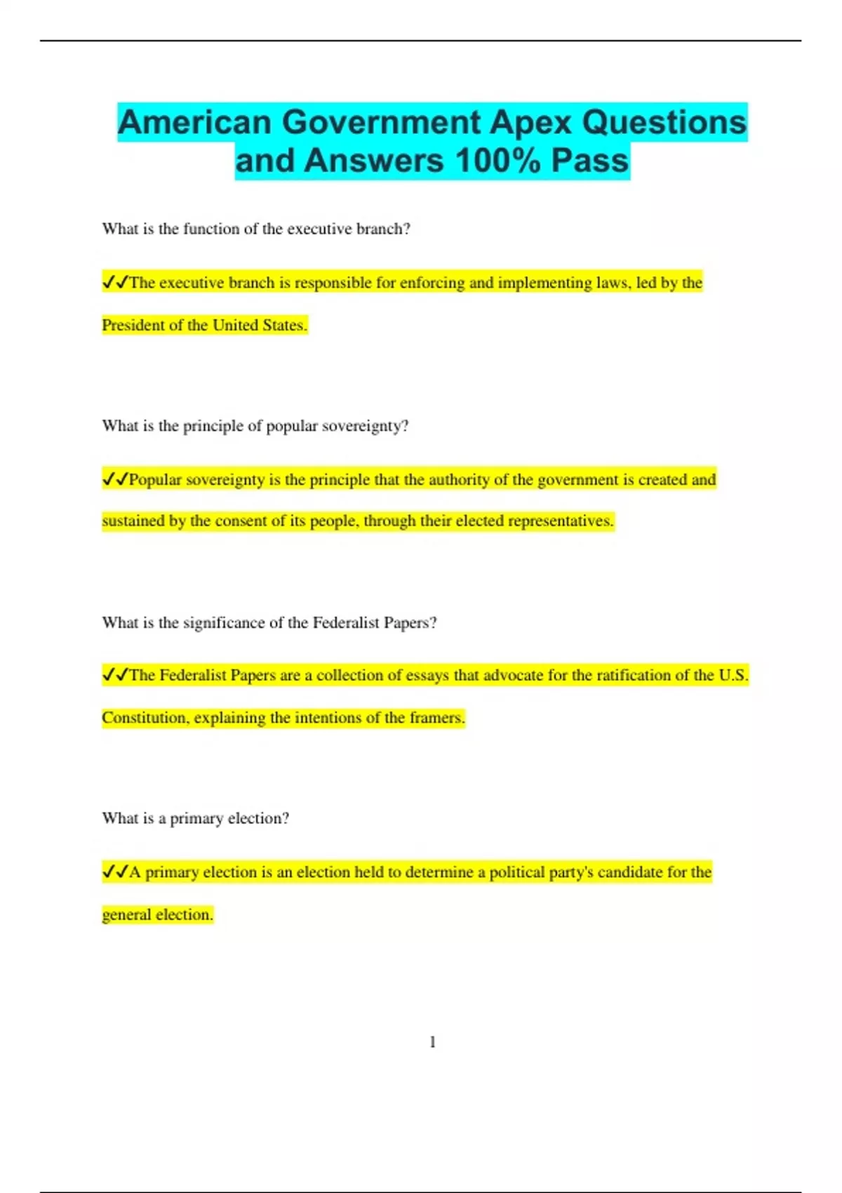 American Government Apex Questions and Answers 100% Pass - American ...