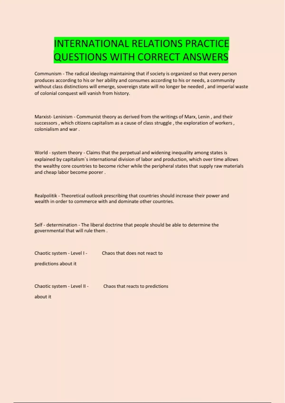 INTERNATIONAL RELATIONS PRACTICE QUESTIONS WITH CORRECT ANSWERS ...
