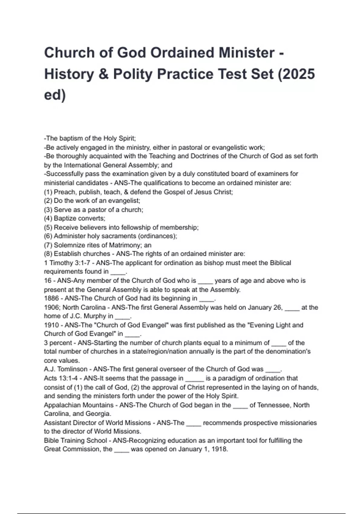 Church of God Ordained Minister - History & Polity Practice Test Set ...