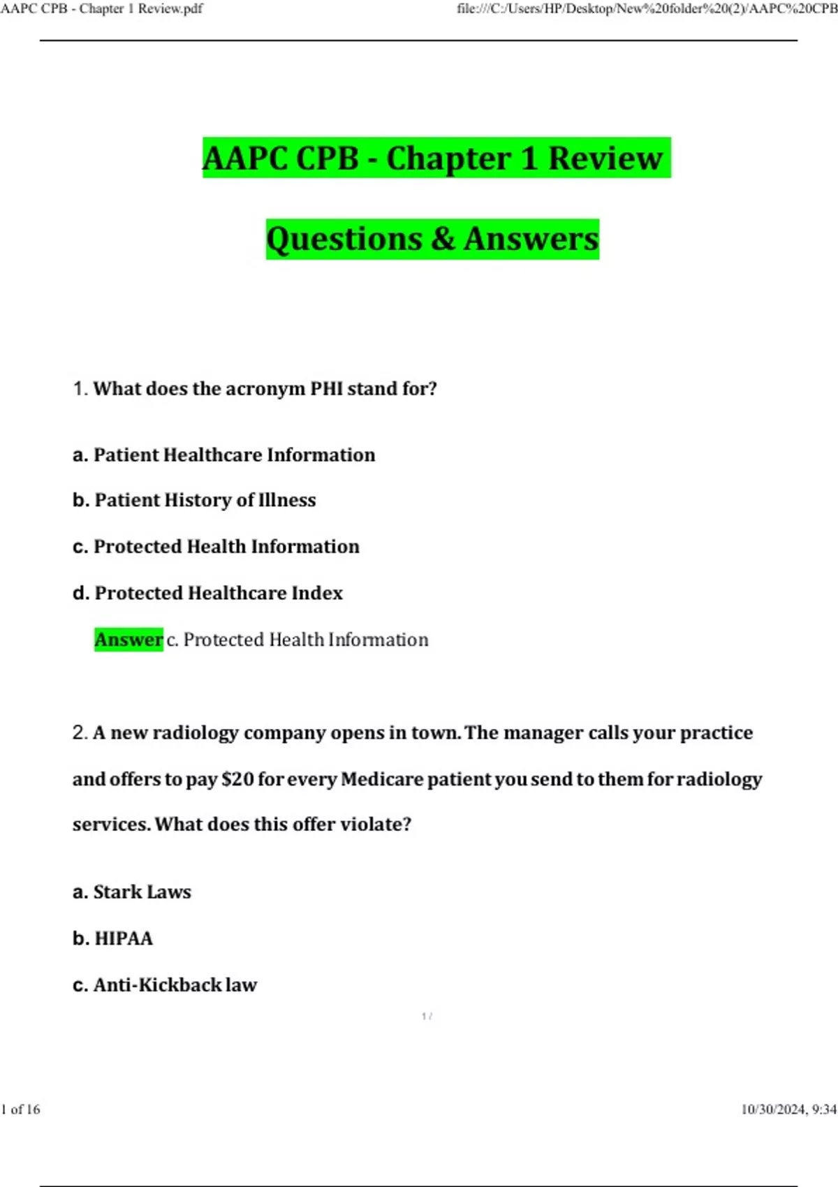 AAPC CPB - Chapter 1 Review 2024 Questions and Answers Latest (2024 / ...