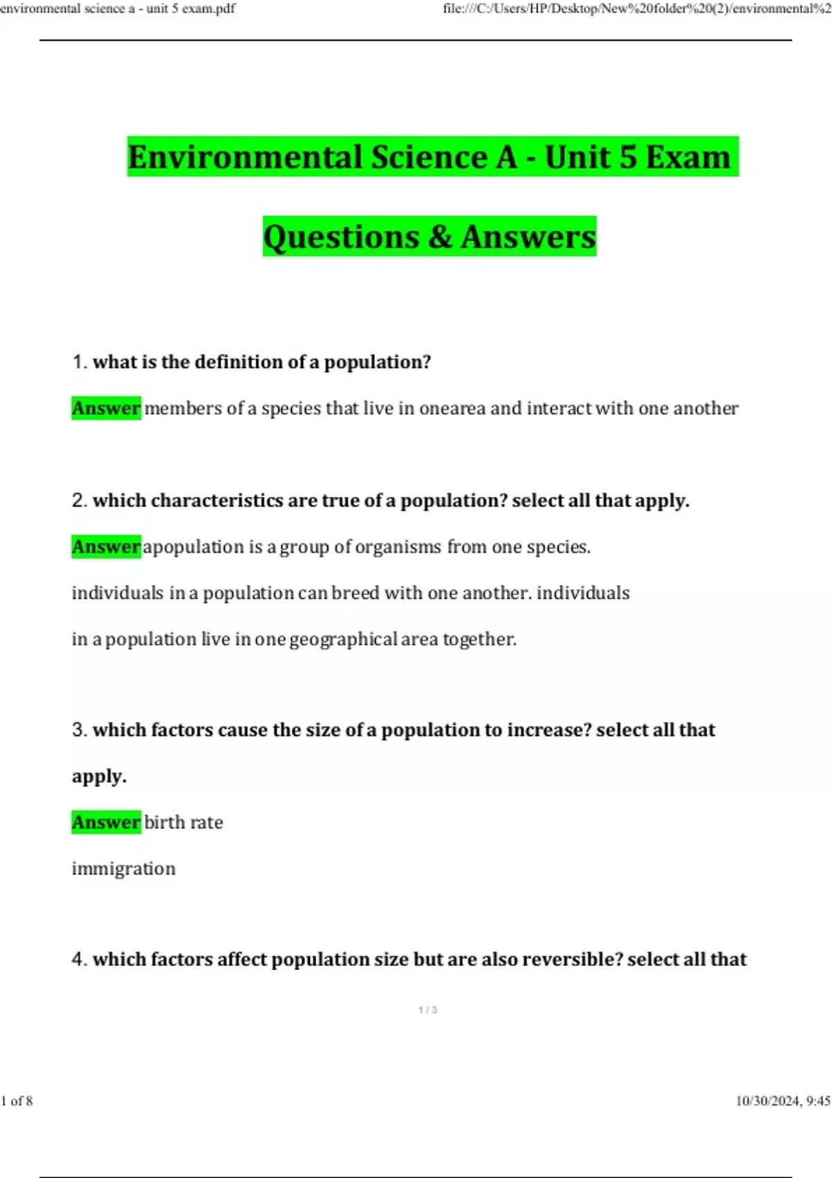 Environmental Science A - unit 5 Exam 2024 Questions and Answers Latest ...