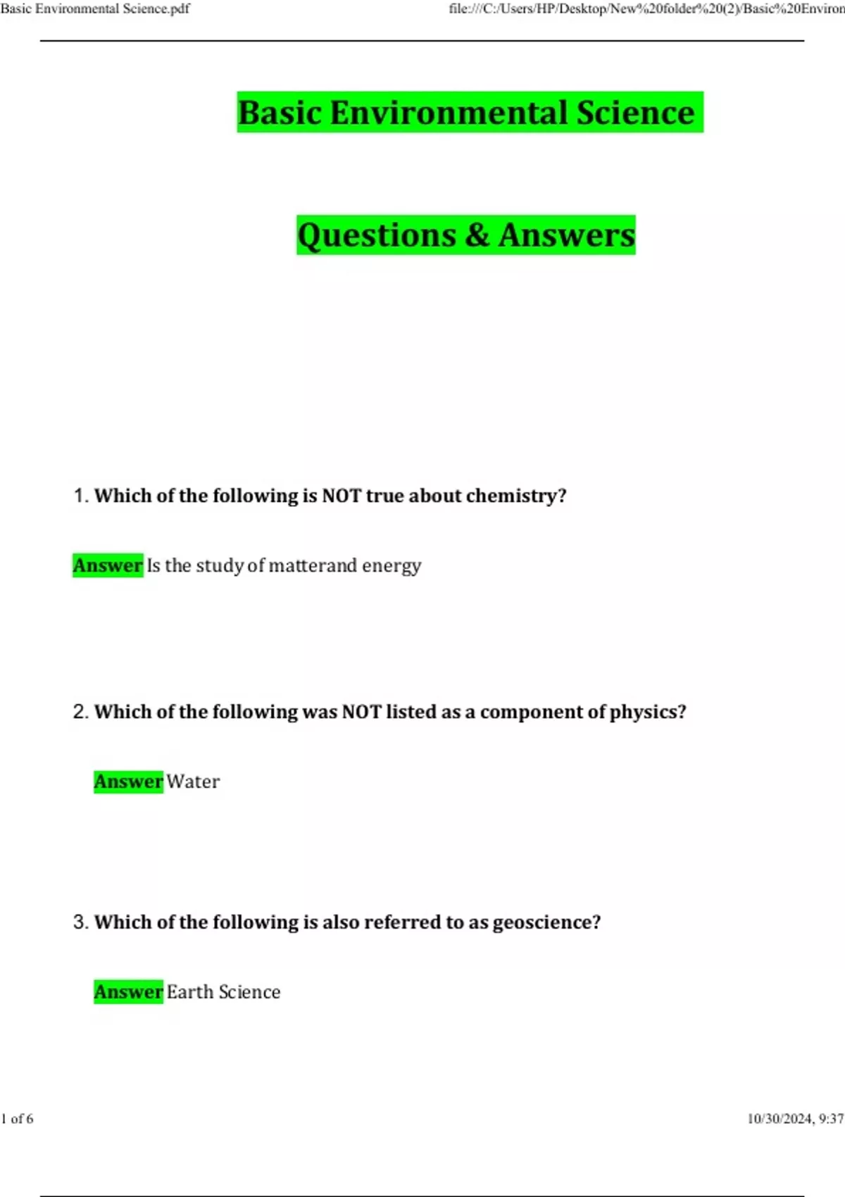 Basic Environmental Science 2024 Questions and Answers Latest (2024 / ...