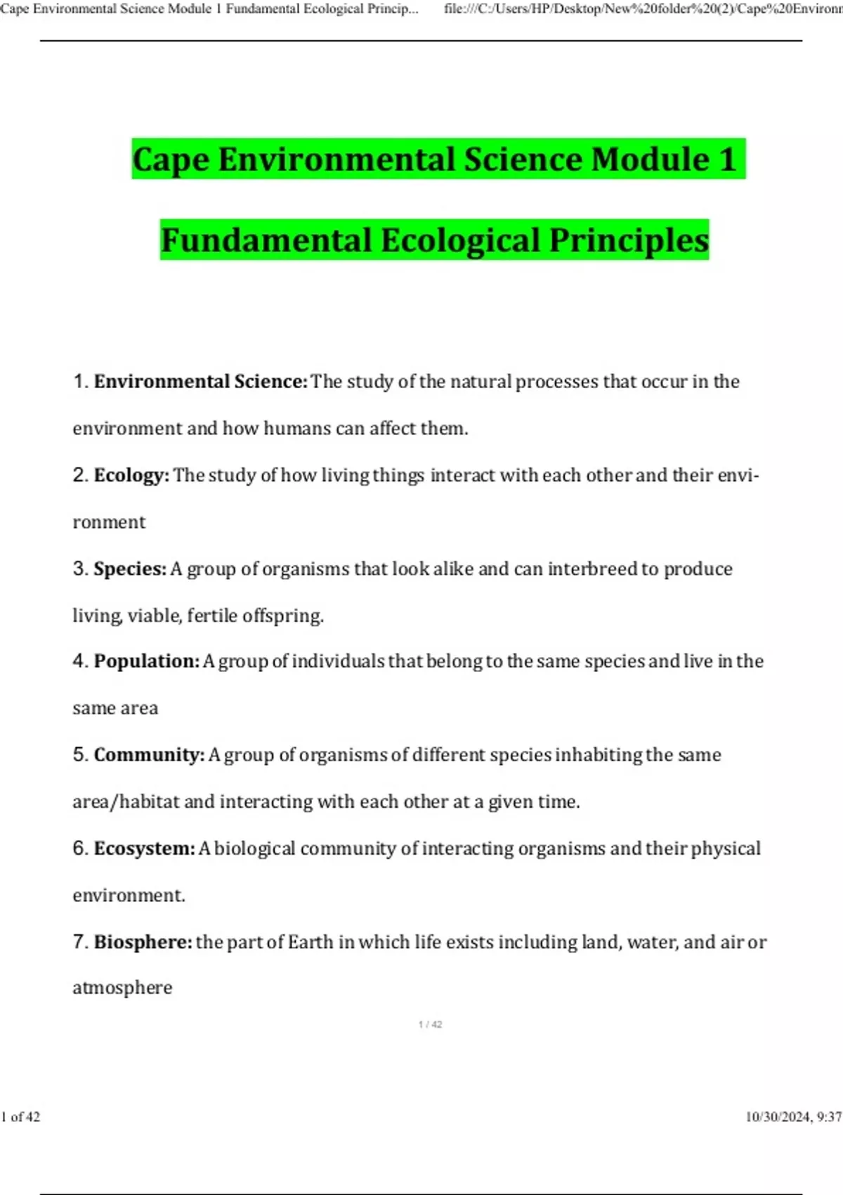 Cape Environmental Science Module 1 Fundamental Ecological Principles ...
