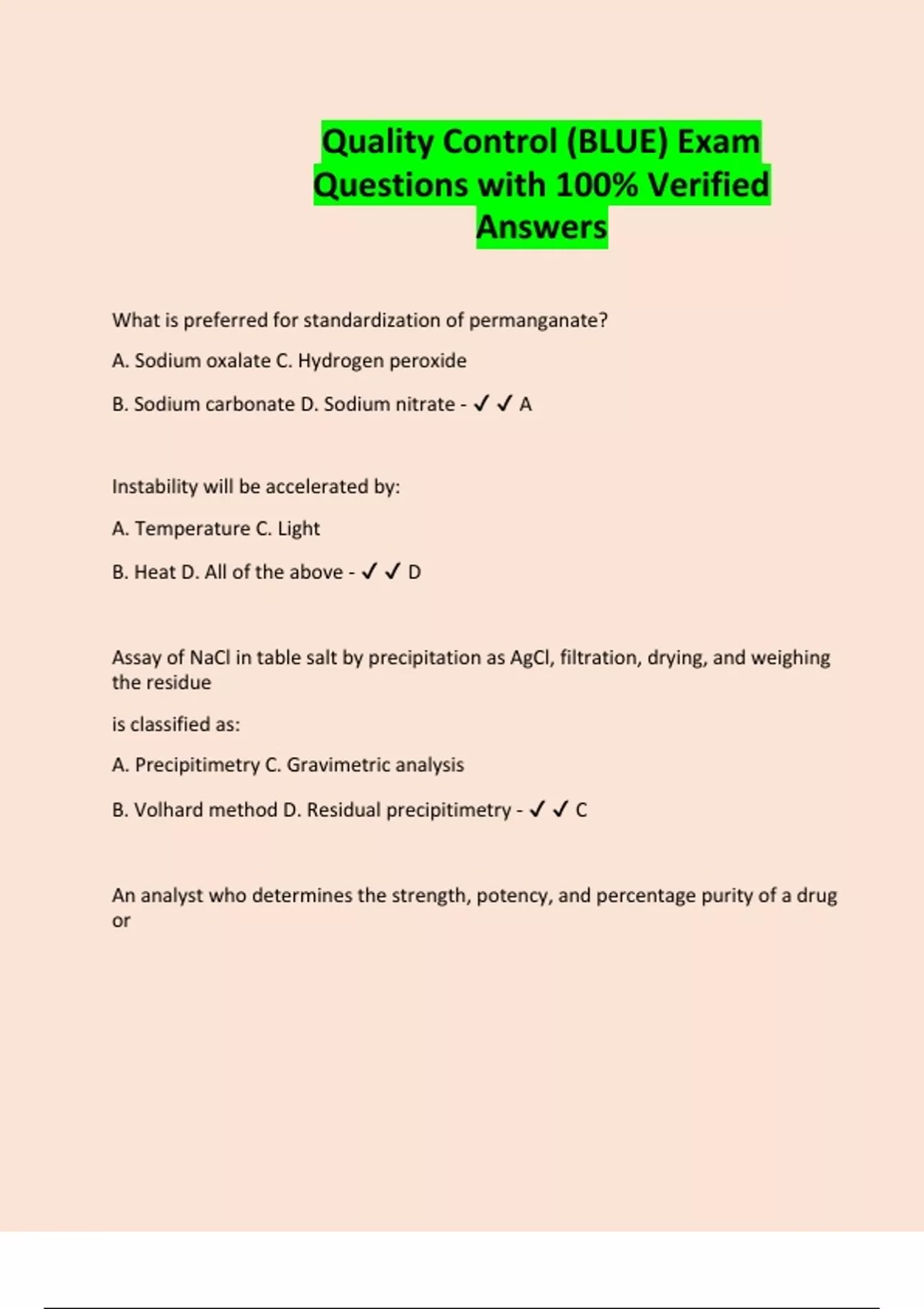 Quality Control (BLUE) Exam Questions with 100% Verified Answers ...