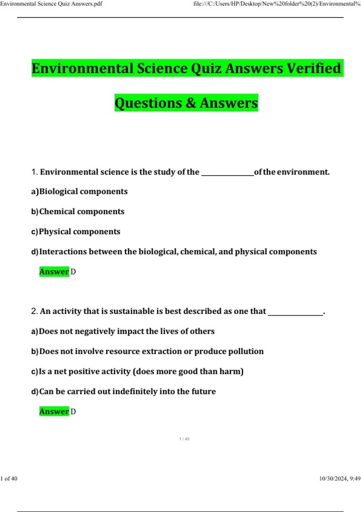 Environmental Science Quiz Answers 2024 Questions and Answers Latest ...