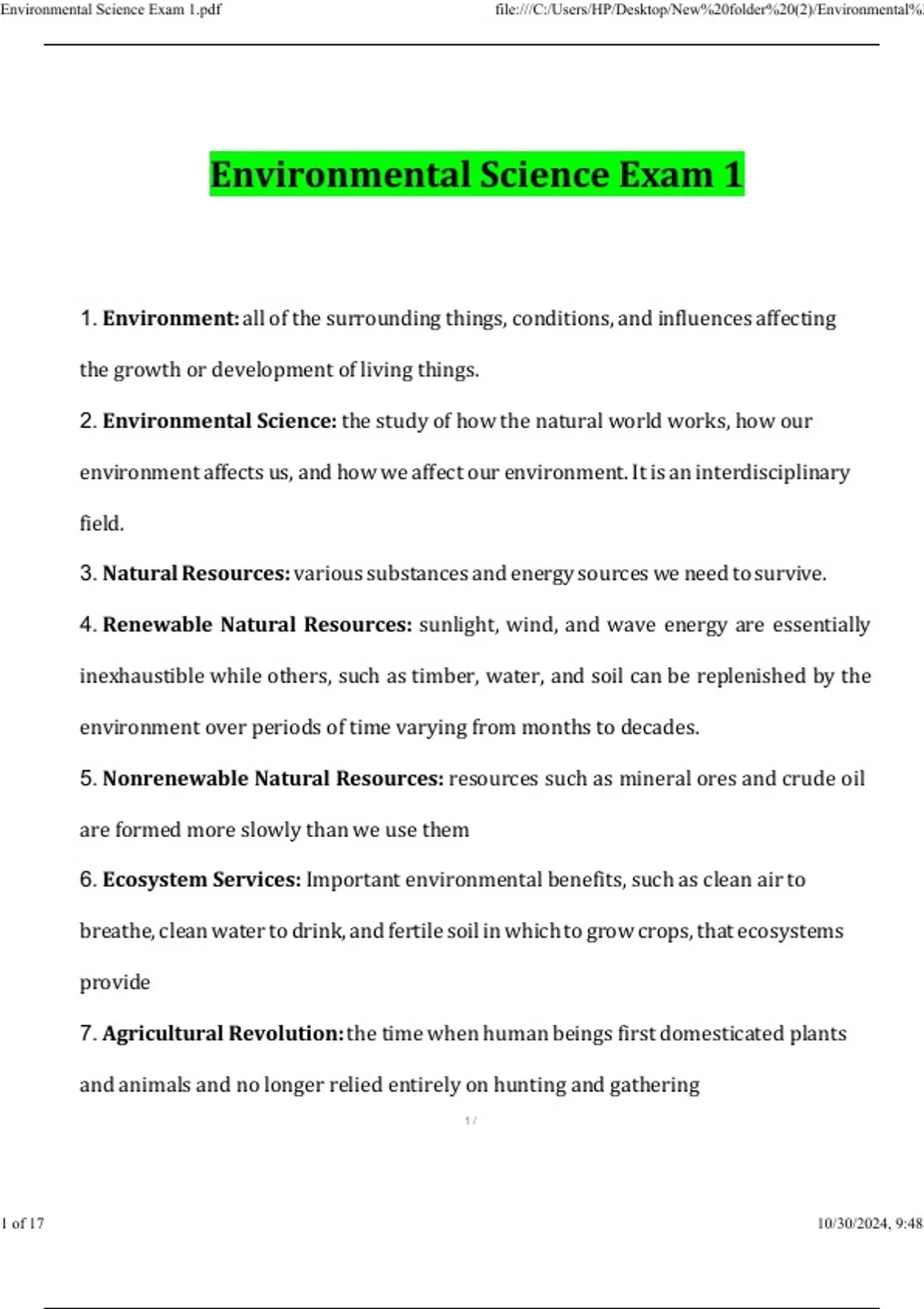 Environmental Science Exam 1 2024 Questions and Answers Latest (2024 / ...