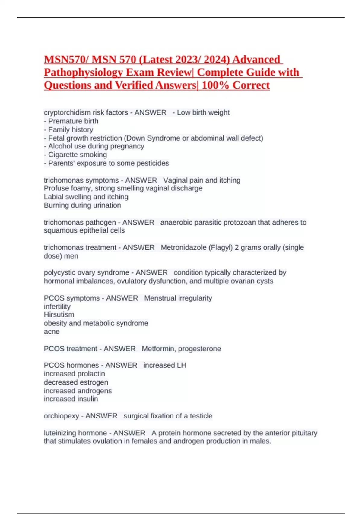 MSN570/ MSN 570 (Latest 2023/ 2024) Advanced Pathophysiology Exam ...