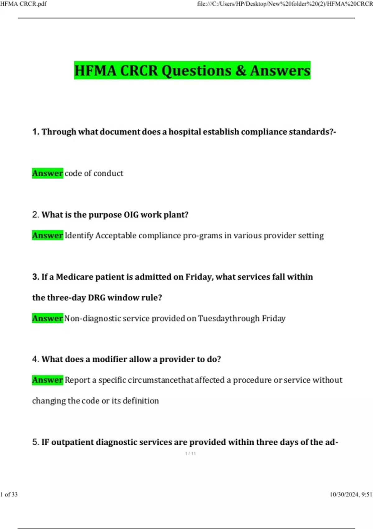 HFMA CRCR Exam 2024 Questions and Answers Latest (2024 / 2025 ...