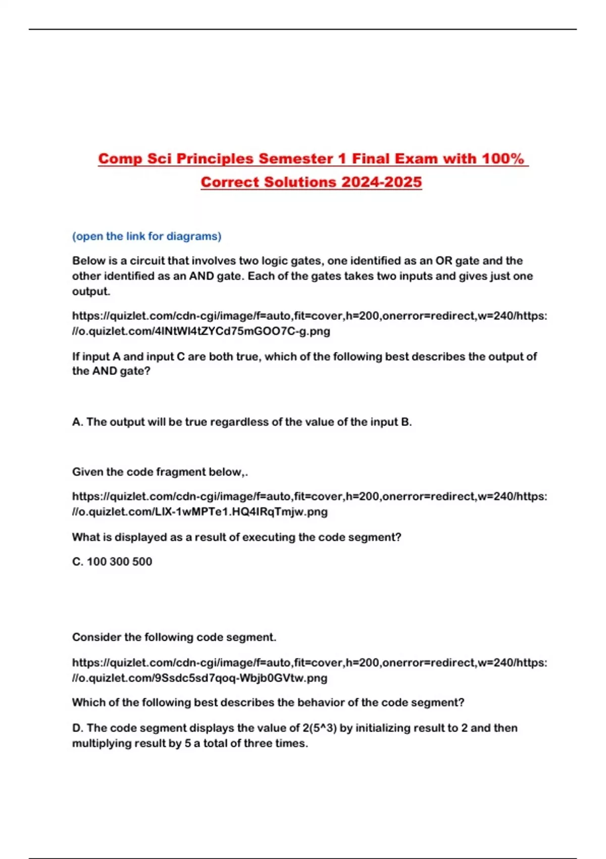 Comp Sci Principles Semester 1 Final Exam with 100% Correct Solutions - Comp Sci Principles ...