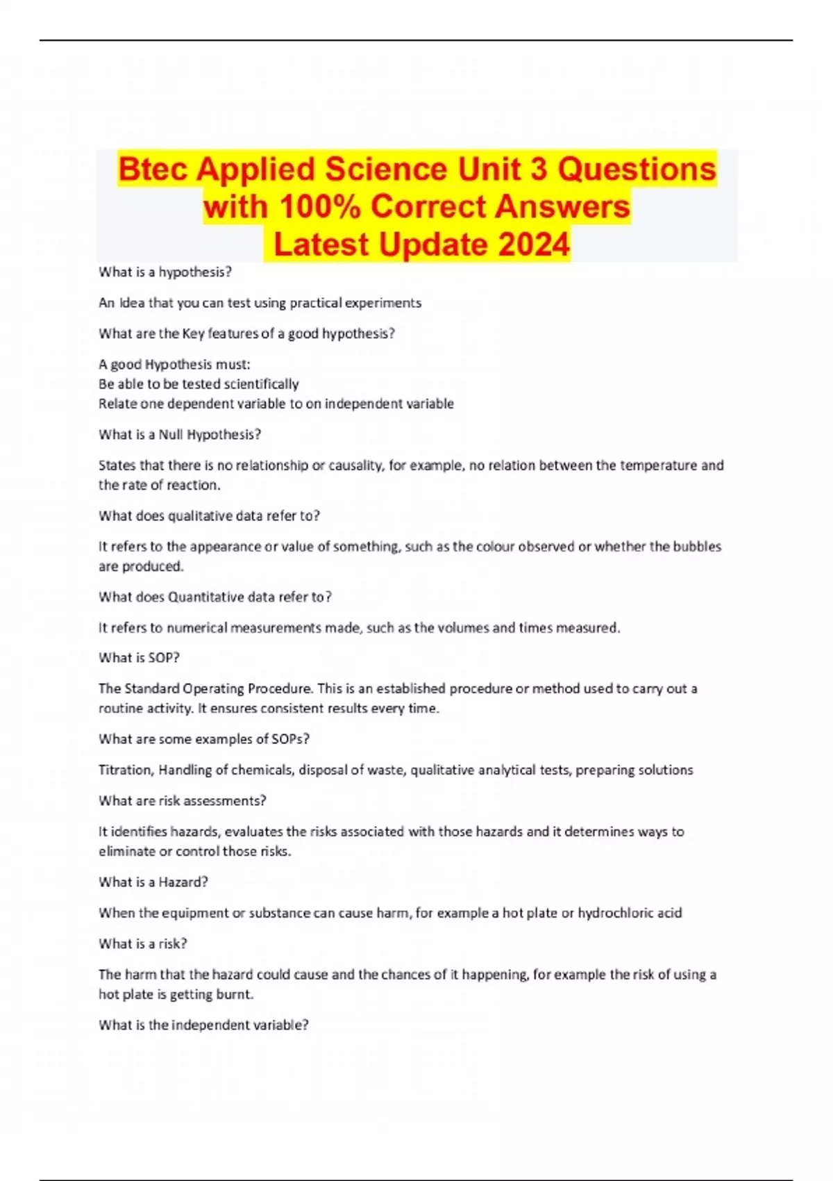 Btec Applied Science Unit 3 Questions with 100% Correct Answers Latest ...