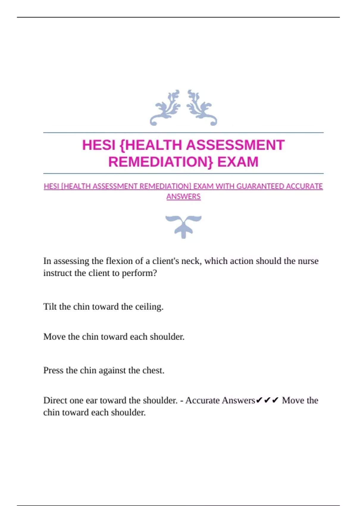 HESI {HEALTH ASSESSMENT REMEDIATION} EXAM WITH GUARANTEED ACCURATE ...