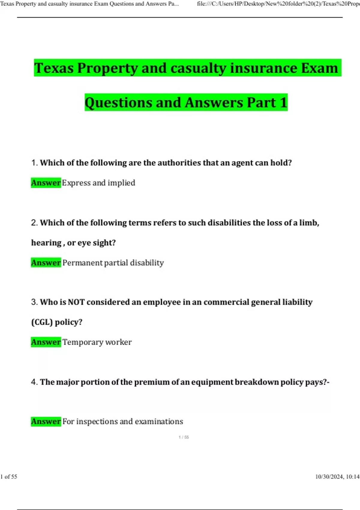 Texas Property and casualty insurance Exam Questions and Answers Part ...