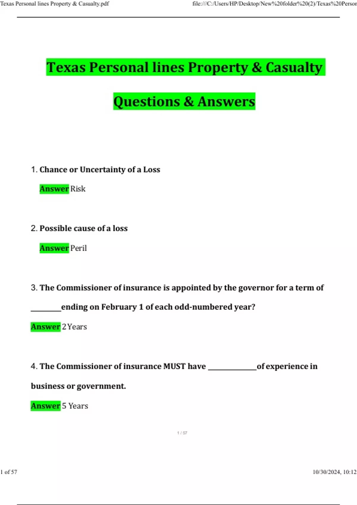 Texas Personal lines Property & Casualty Exam Newest 2024 Questions and ...