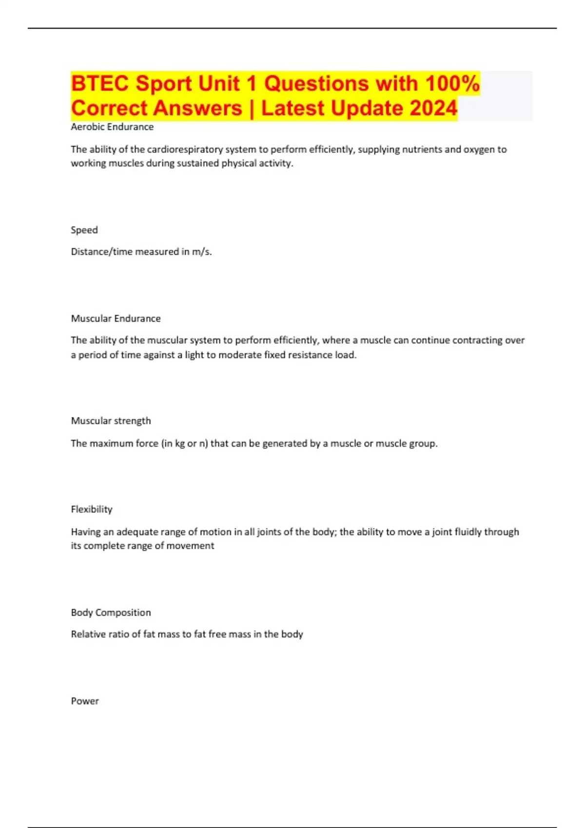 BTEC Sport Unit 1 Questions with 100% Correct Answers | Latest Update ...