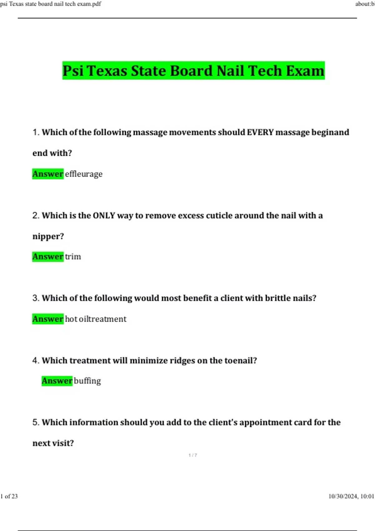 Psi Texas State Board Nail Tech Exam Newest 2024 Questions And Answers