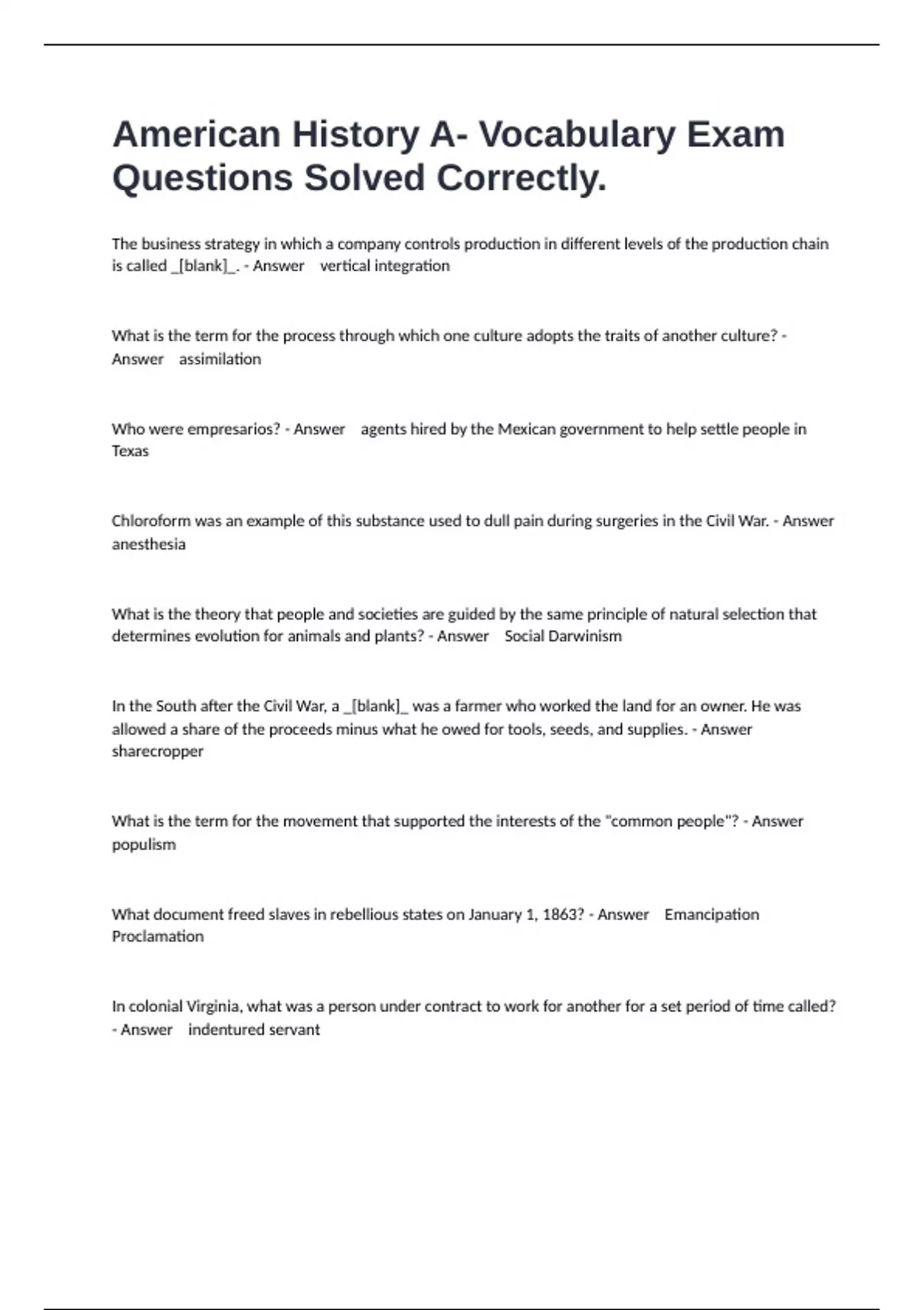 American History A- Vocabulary Exam Questions Solved Correctly ...