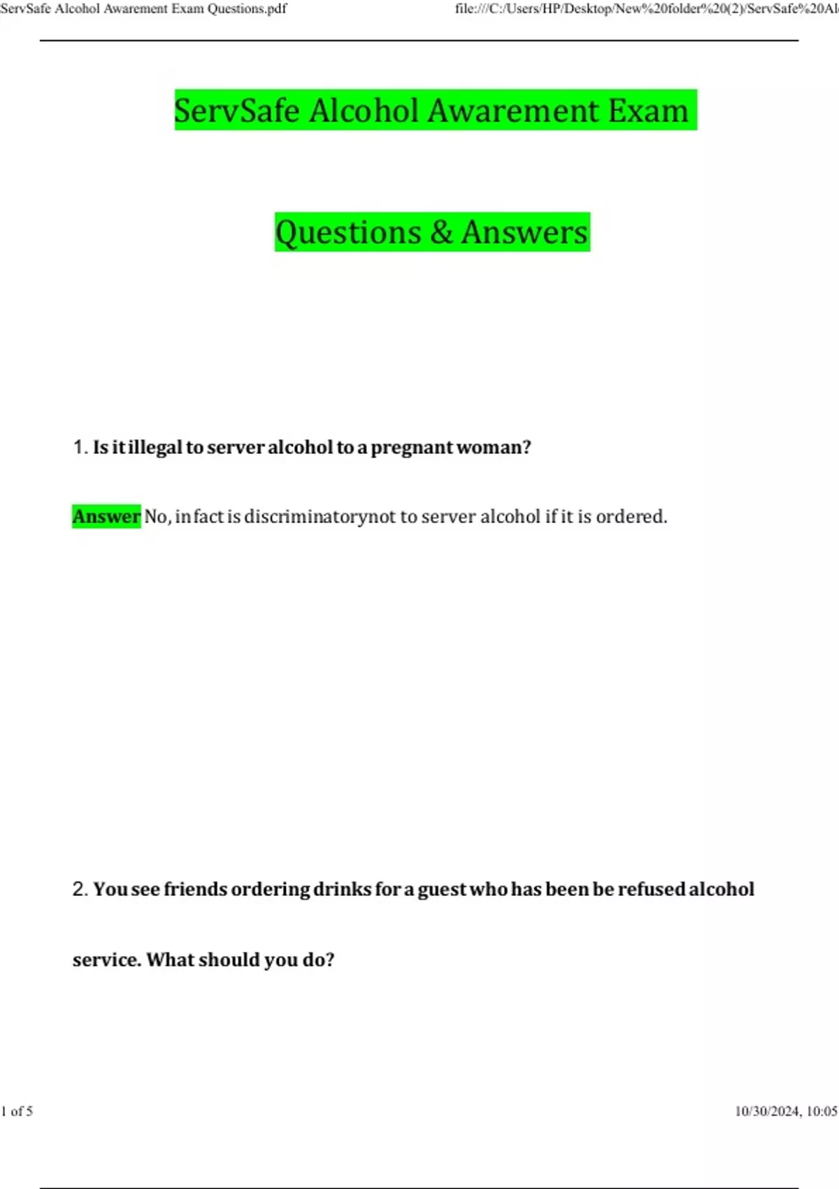 ServSafe Alcohol Awarement Exam Questions 2024 Questions and Answers ...