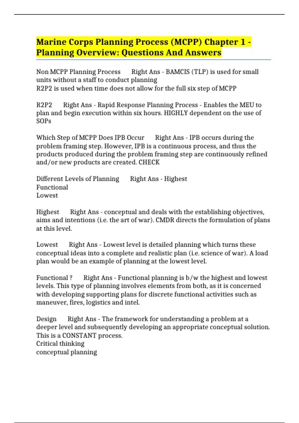 Marine Corps Planning Process Mcpp Chapter 1 Planning Overview Questions And Answers Mcpp