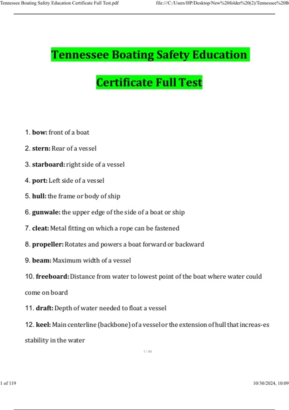 Tennessee Boating Safety Education Certificate Full Test 2024 Questions ...