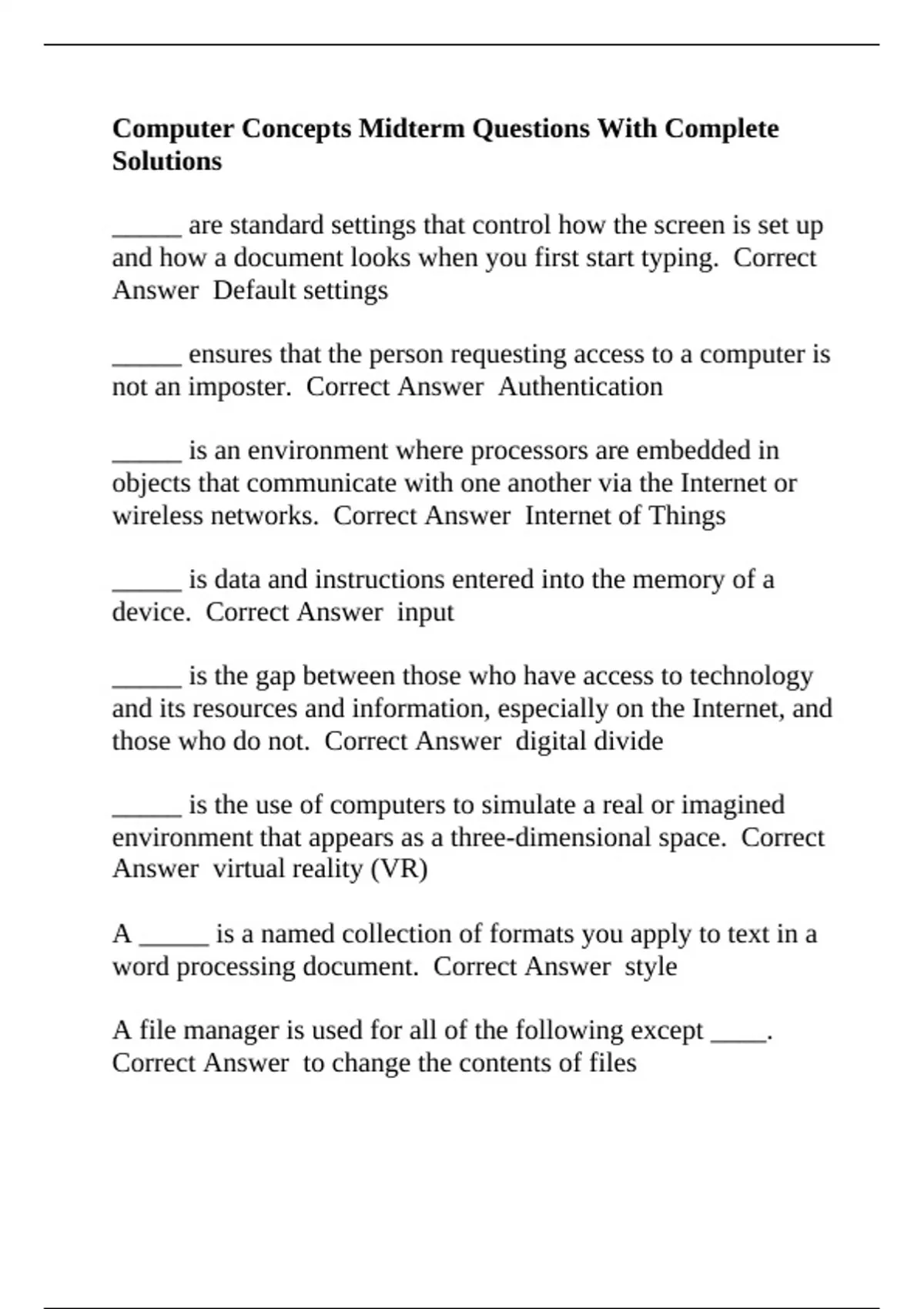 Computer Concepts Midterm Questions With Complete Solutions - Computer Concepts - Stuvia US
