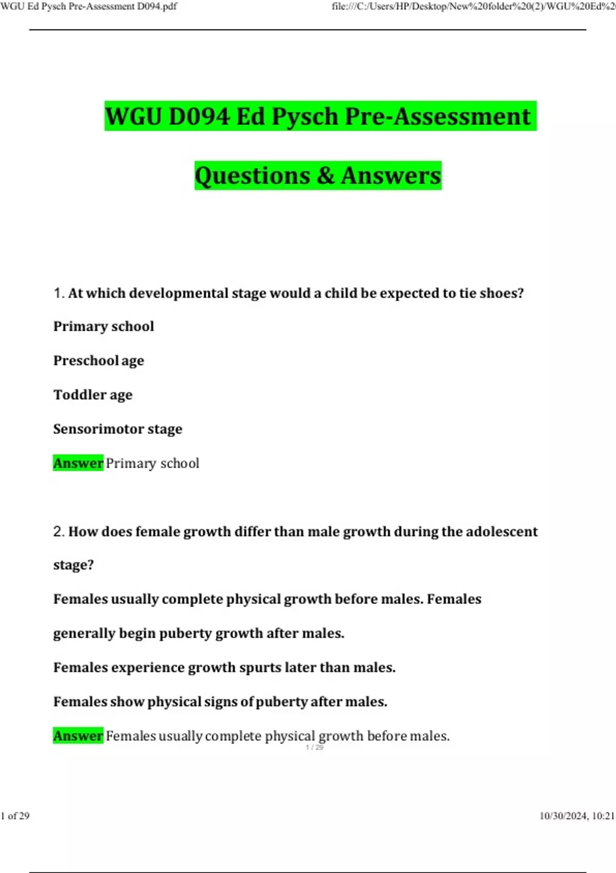 WGU D094 Ed Pysch Pre-Assessment 2024 Questions and Answers Latest ...