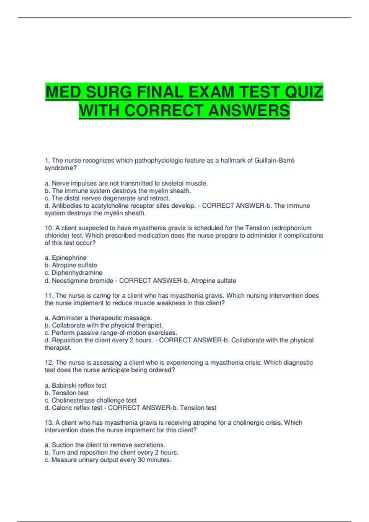 MED SURG FINAL EXAM TEST QUIZ WITH CORRECT ANSWERS - Med surg - Stuvia US