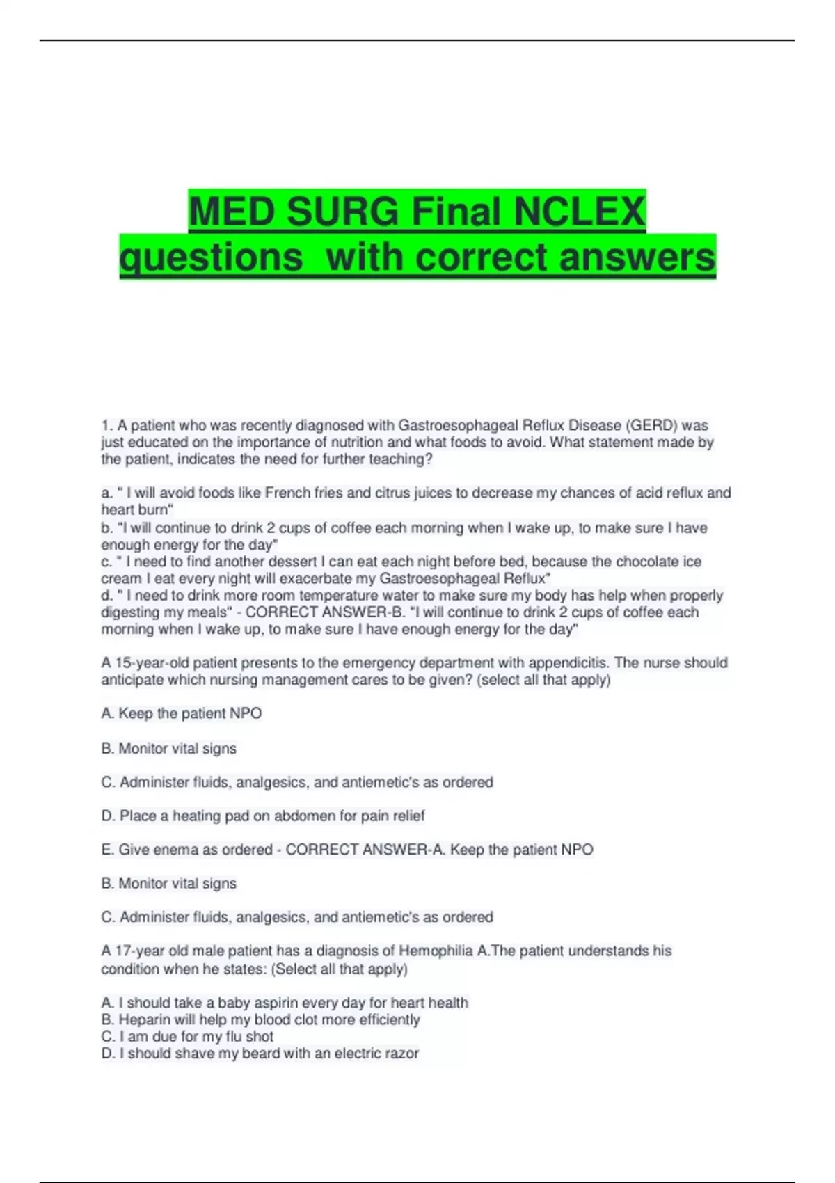 MED SURG Final NCLEX questions with correct answers - Med surg - Stuvia US