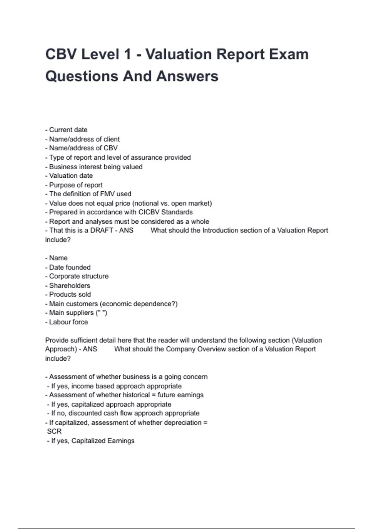 CBV Level 1 - Valuation Report Exam Questions And Answers - CBV ...
