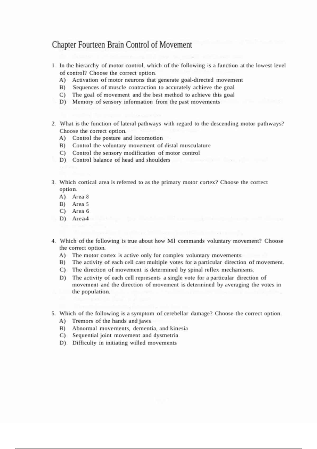 Chapter 14 Brain Control of Movement - Neuroscience - Stuvia US