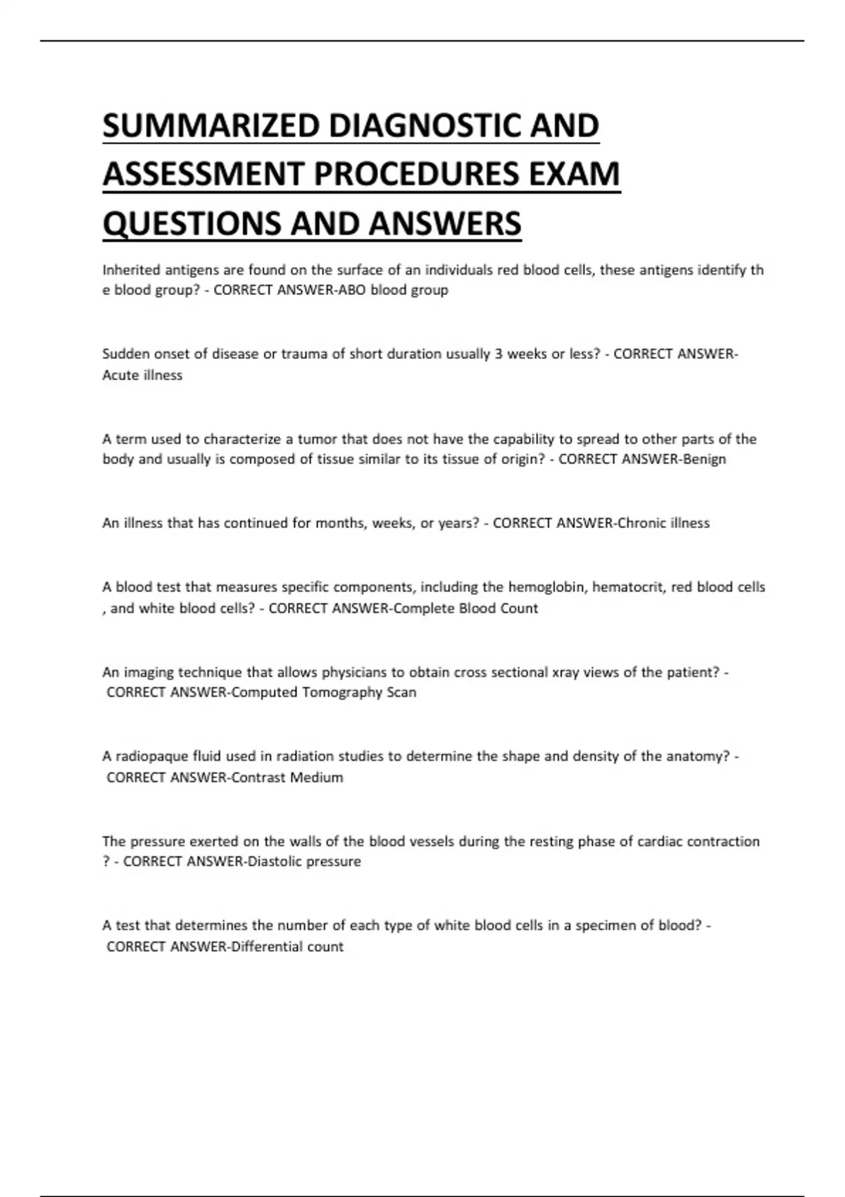 SUMMARIZED DIAGNOSTIC AND ASSESSMENT PROCEDURES EXAM QUESTIONS AND ...