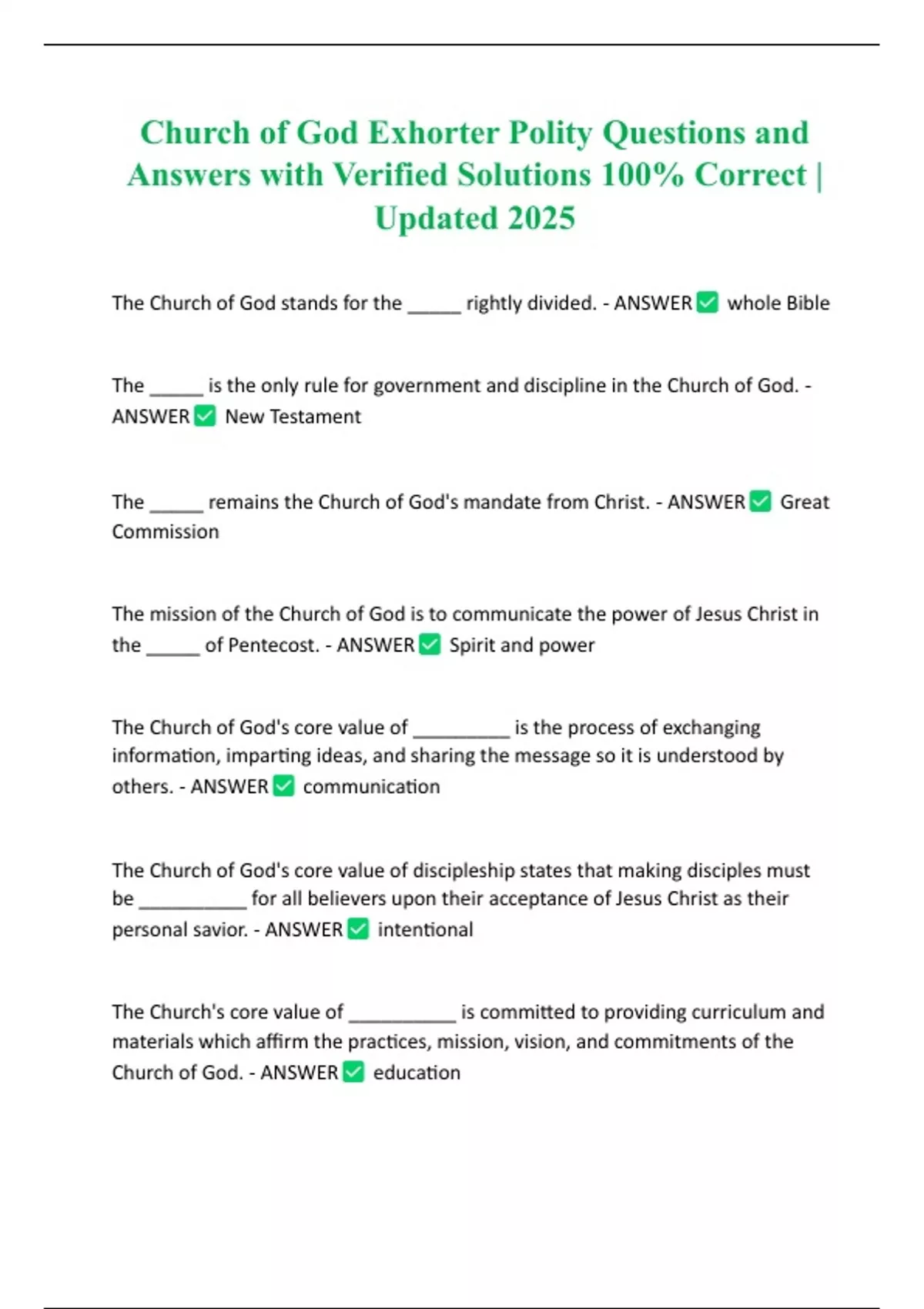 Church of God Exhorter Polity Questions and Answers with Verified ...