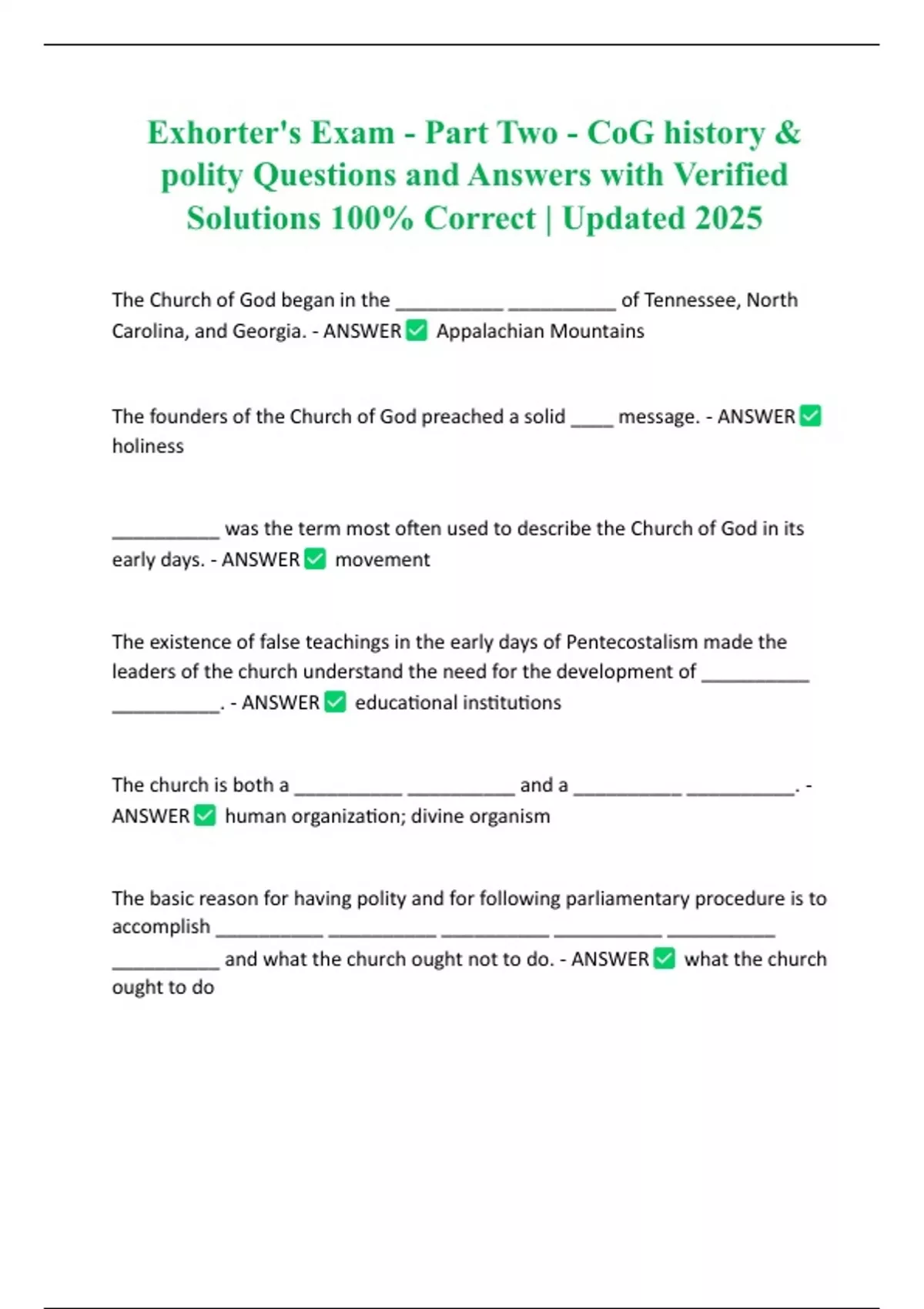 Exhorter's Exam - Part Two - CoG history & polity Questions and Answers ...