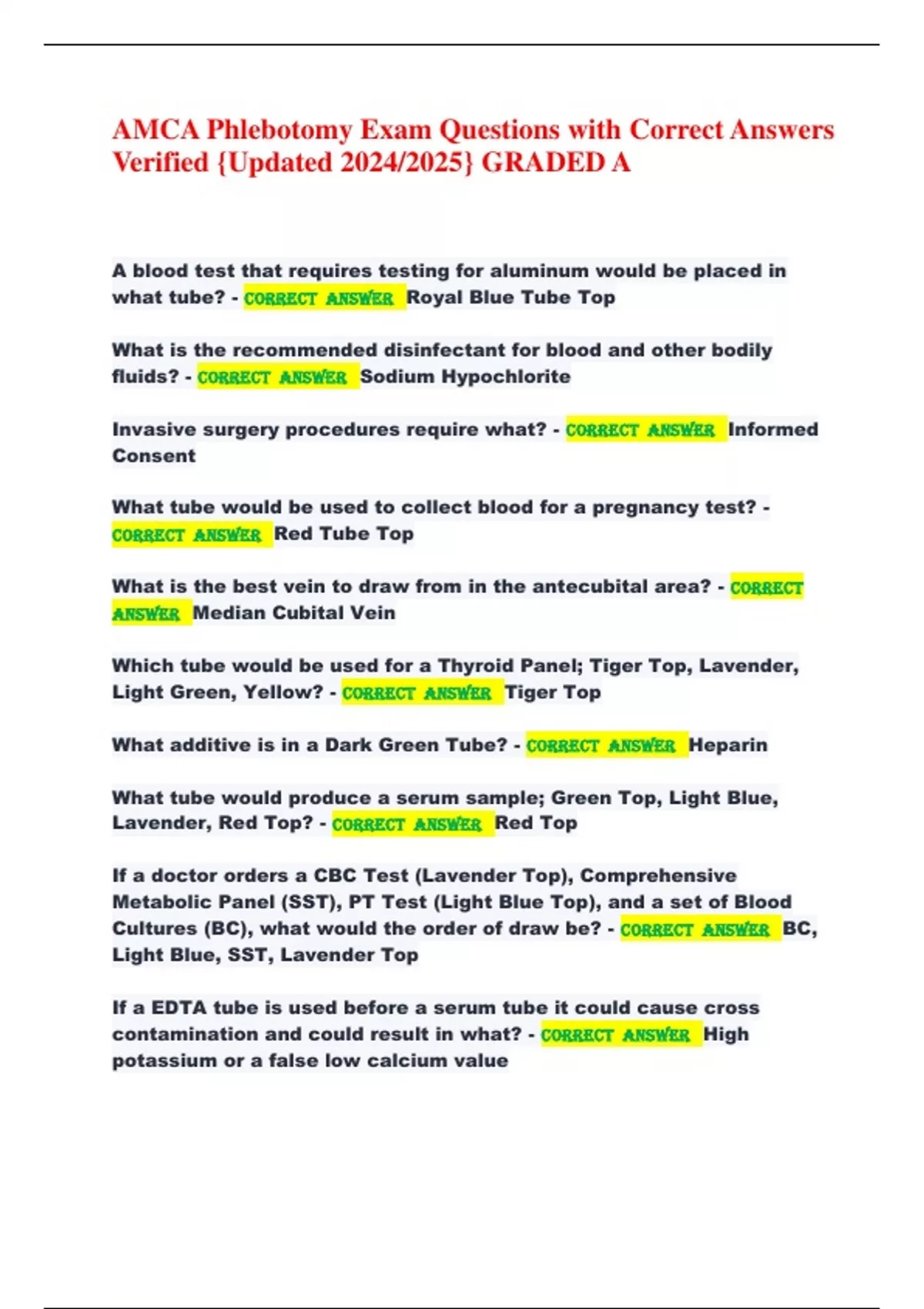 AMCA Phlebotomy Exam Questions with Correct Answers Verified {Updated ...