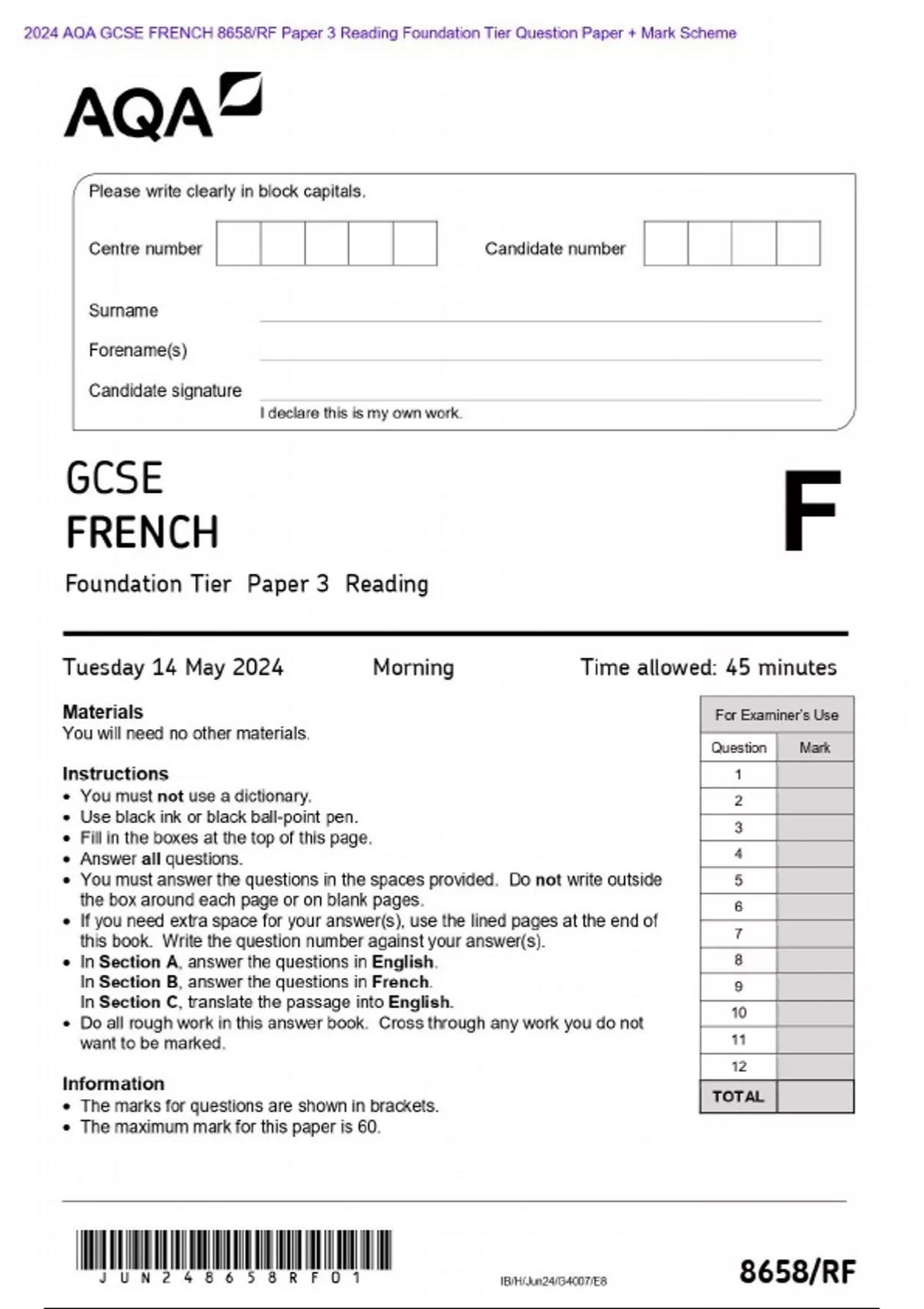 Actual 2024 AQA GCSE FRENCH 8658/RF Paper 3 Reading Foundation Tier ...