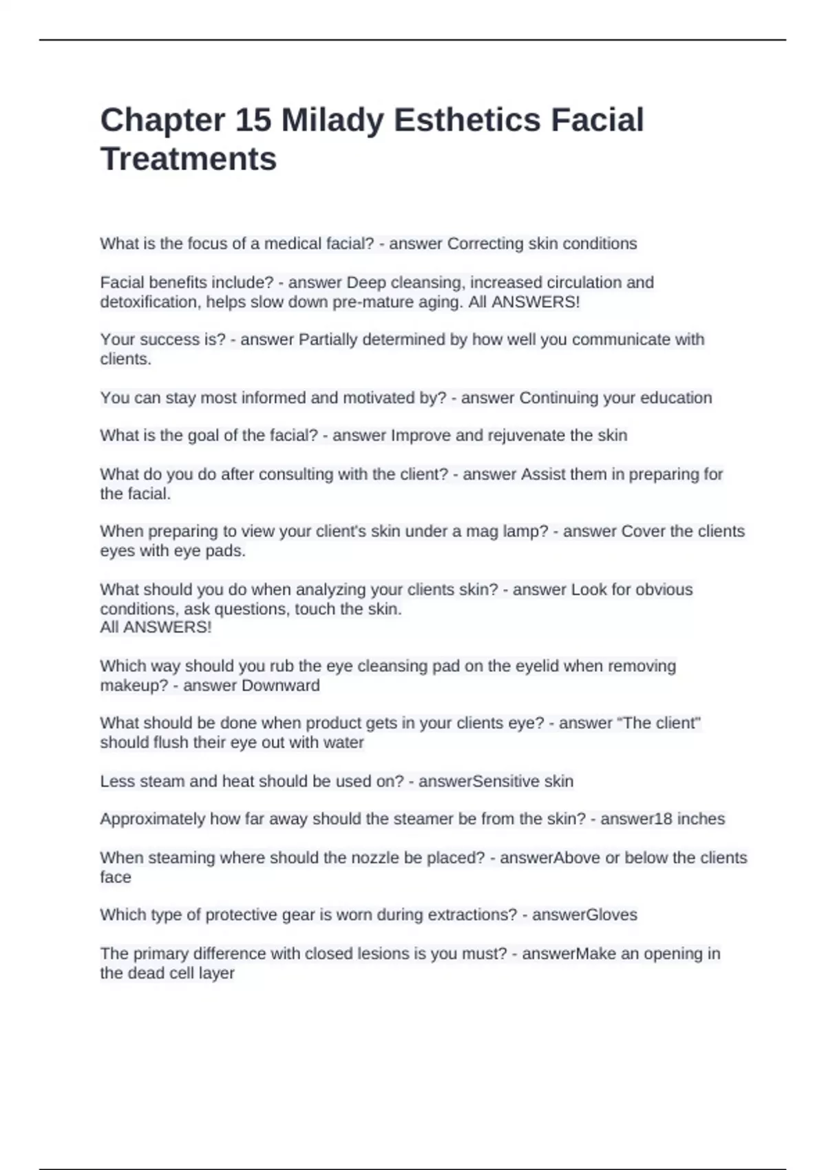 Chapter 15 Milady Esthetics Facial Treatments Questions and Answers 100% Correct - Facial ...