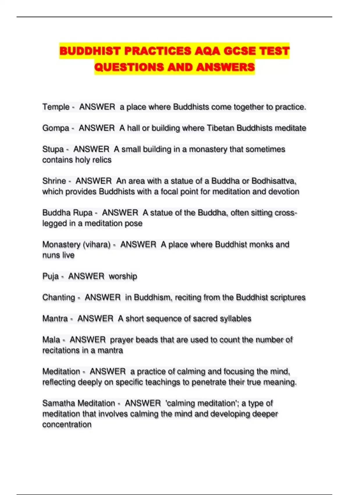 BUDDHIST PRACTICES AQA GCSE TEST QUESTIONS AND ANSWERS - BUDDHIST ...