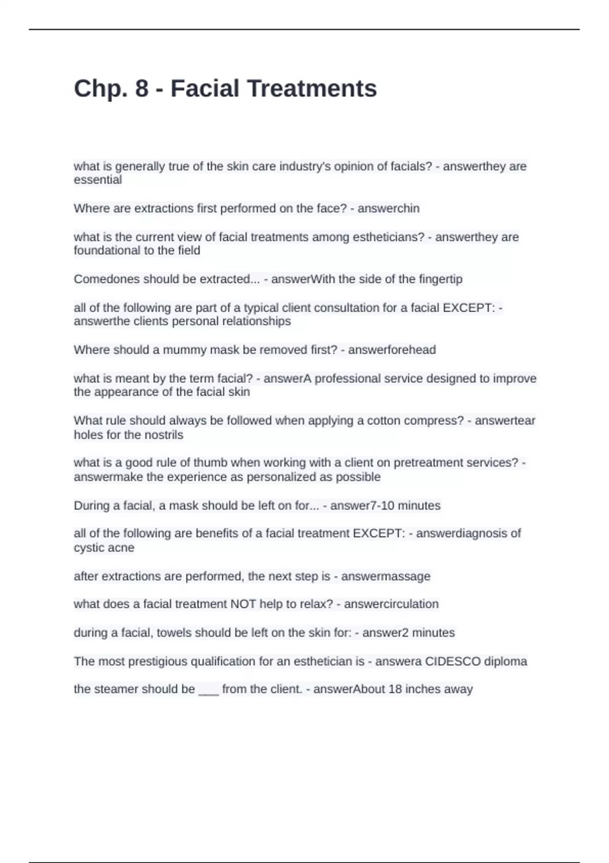 Chp. 8 - Facial Treatments Questions and Answers 100% Correct - Facial ...